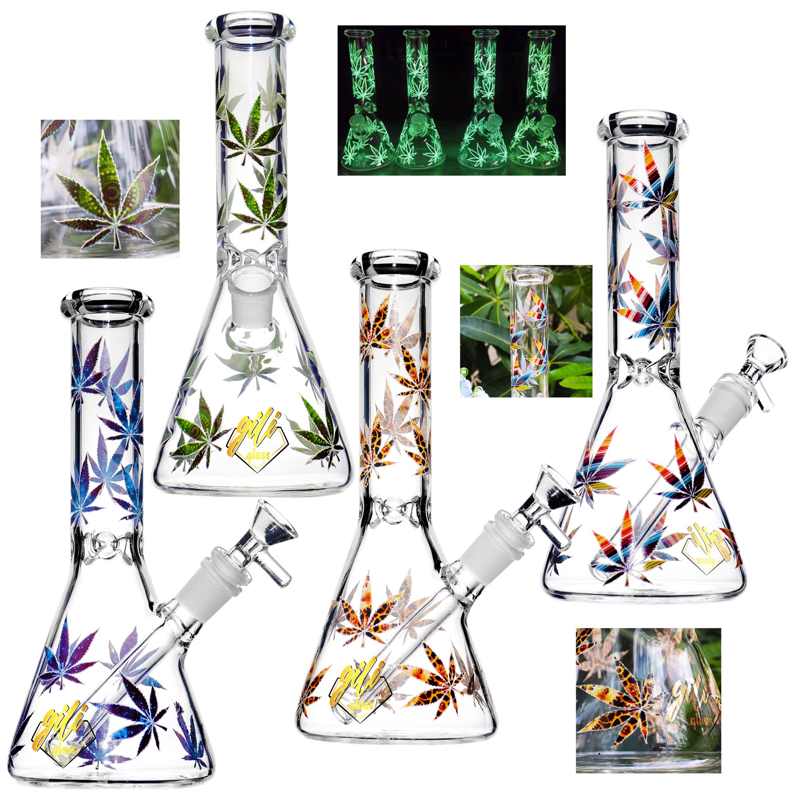 10" Grow In Dark Leaf Gili Beaker Bong Heady Black Leaf Glass Shisha ...
